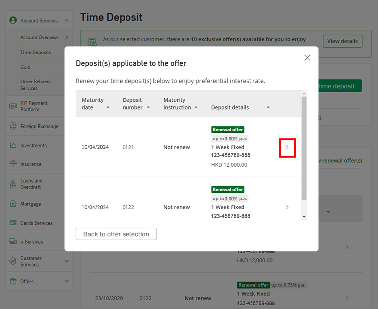 An illustration of renewing a maturing Time Deposit online - Hang Seng Bank