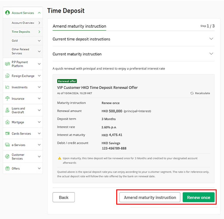 An illustration of renewing a maturing Time Deposit online - Hang Seng Bank